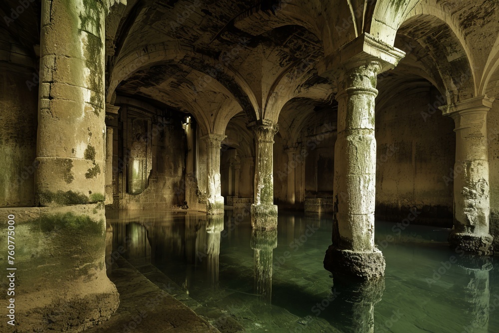Decrepit Ancient cistern ruins. History palace water. Generate Ai Stock ...