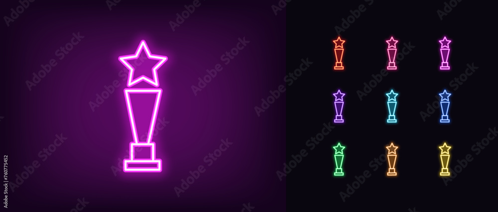 Outline neon award statue icon set. Glowing neon statue with star ...