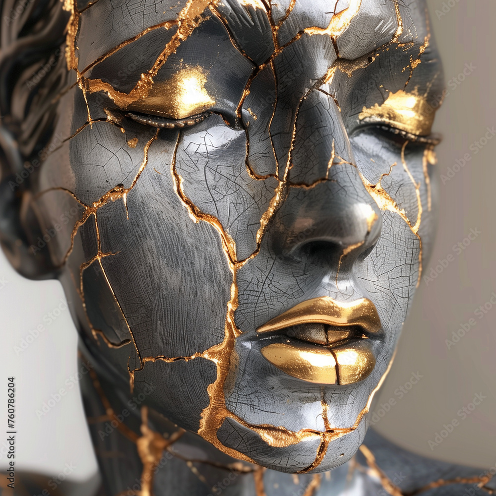 Antique sculpture of restored with japanese Kintsugi technique, a ...