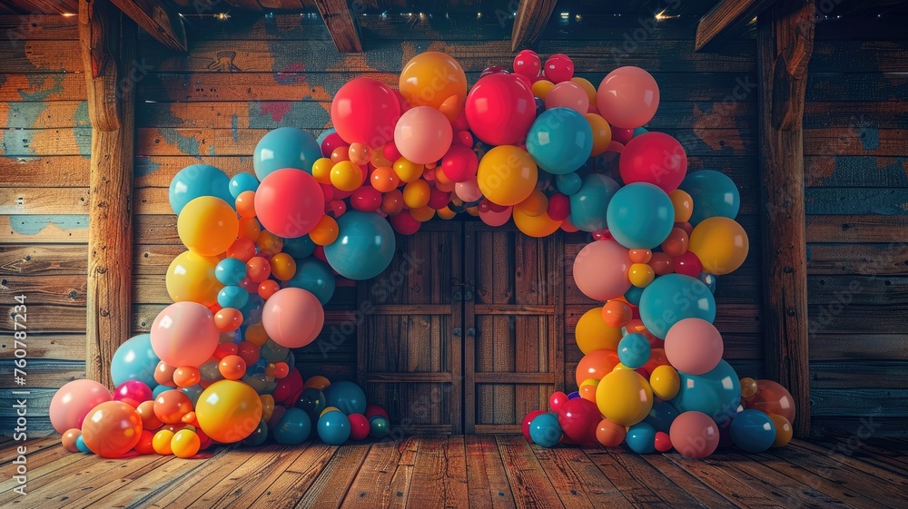 Balloon arrangement in old barn interior - An explosion of balloons ...