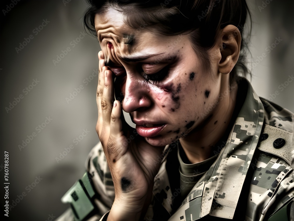 Shocked army soldier woman after fighting in war, emotionally sad and ...