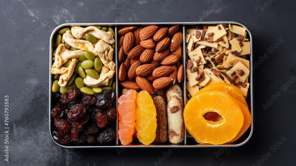 Container with, raisin, dried fruit, grapes, nuts. Street takeaway food ...