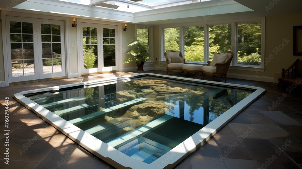 Foto de Sunroom designed around a unique glass floor water feature. do ...