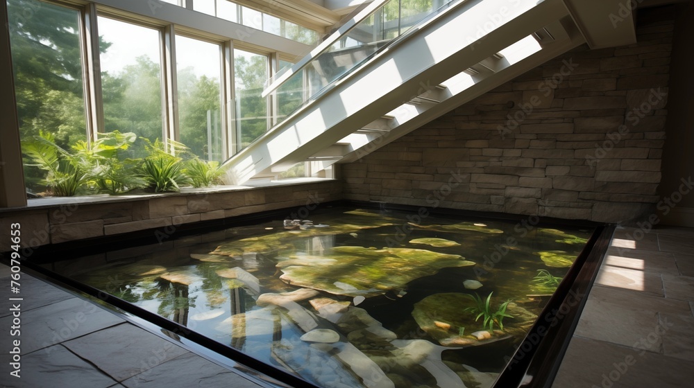 Sunroom designed around a unique glass floor water feature. Stock Photo ...