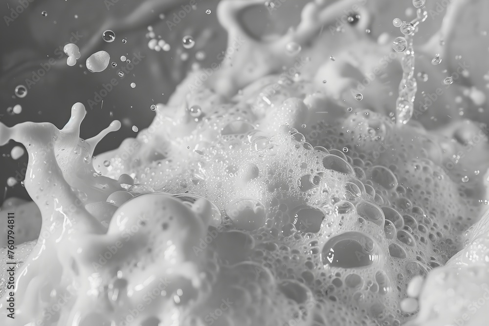 White foamy texture in motion top view. Cosmetic facial skin cleanser ...