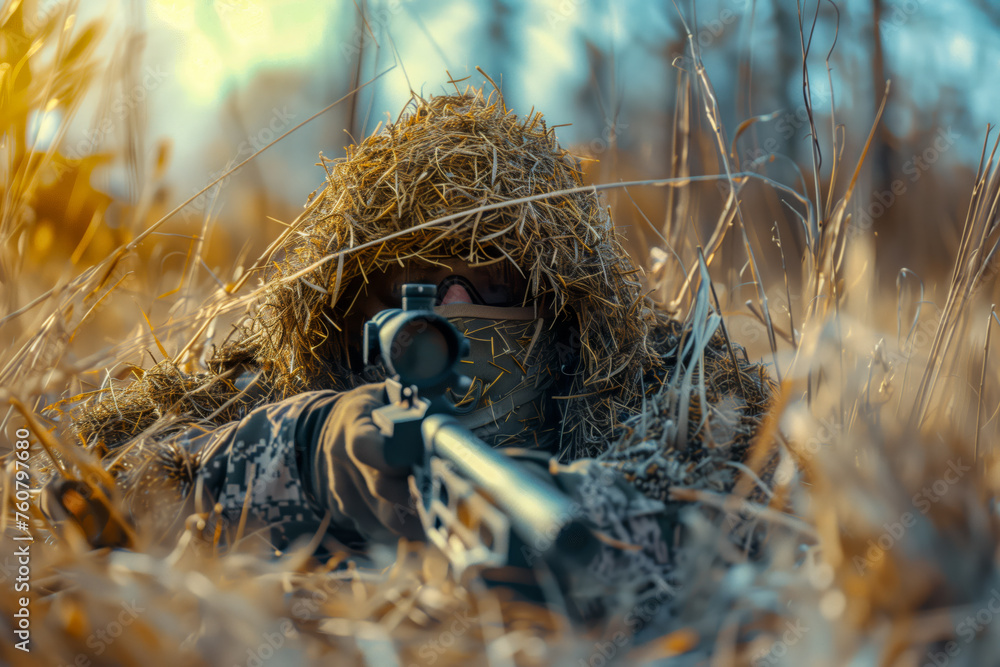 Special forces sniper soldier wearing ghillie suit laying on ground ...