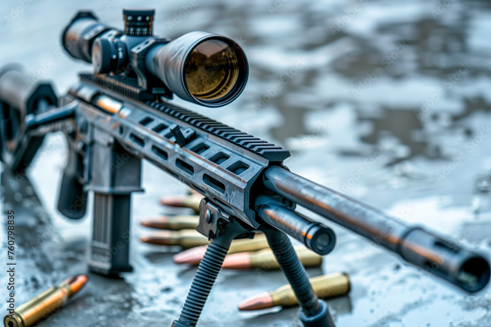 Modern powerful sniper rifle with a telescopic sight mounted on a bipod ...