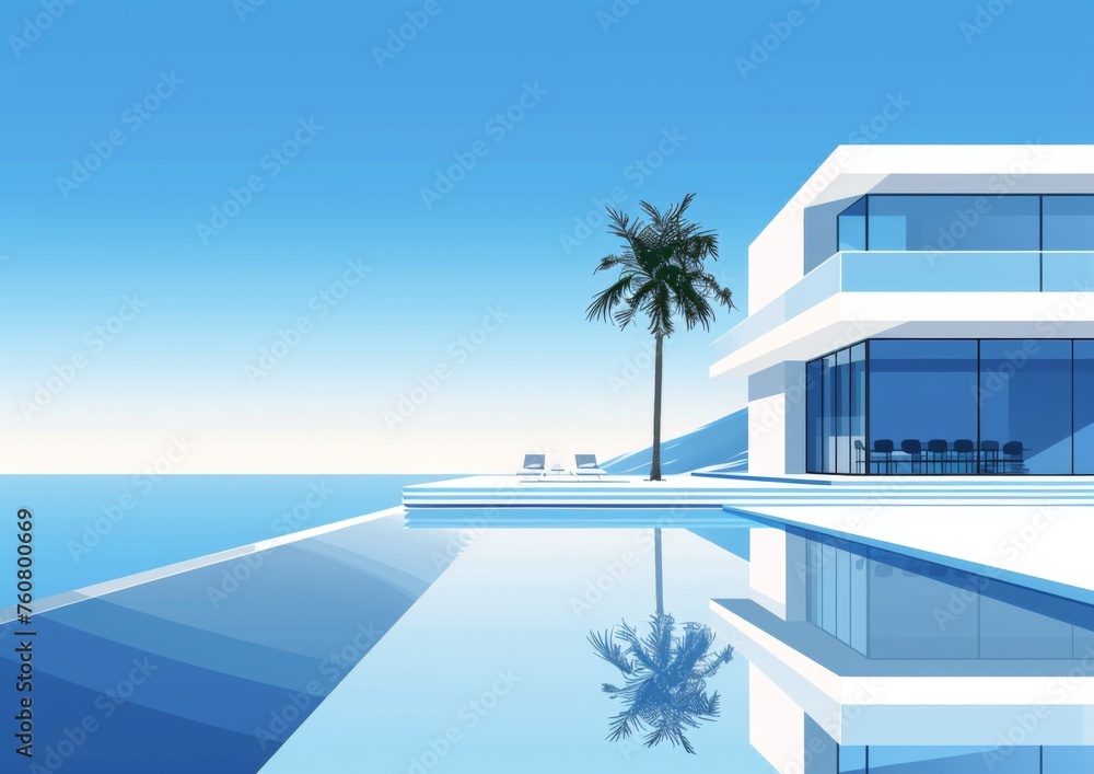 Minimalist vector art of the front view of an infinity pool with white ...