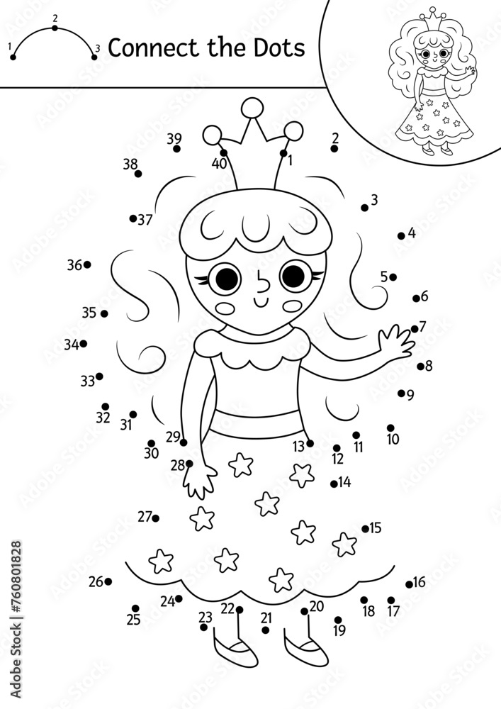 Vector dot-to-dot and color activity with fairy princess. Fairytale ...