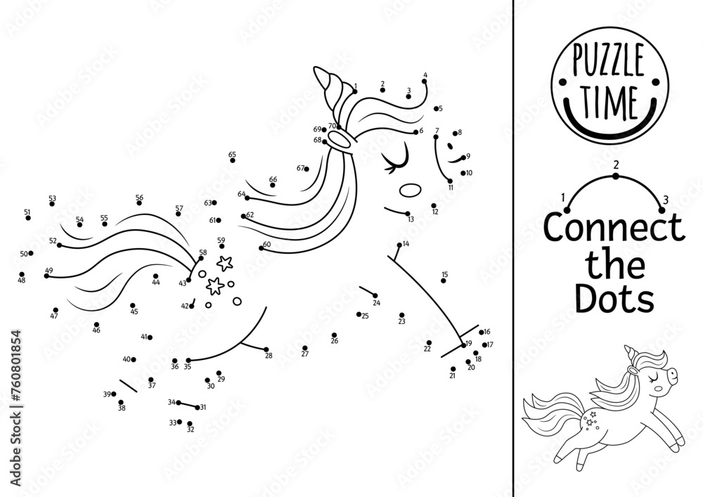 Vector dot-to-dot and color activity with running unicorn. Fairytale ...