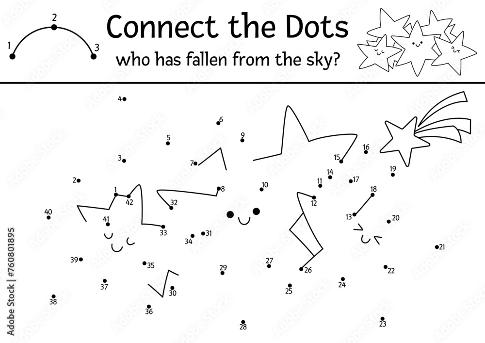 Vector dot-to-dot and color activity with smiling falling stars ...