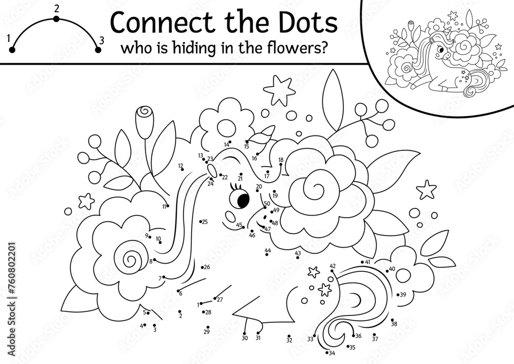 Vector dot-to-dot and color activity with unicorn hiding in flowers ...