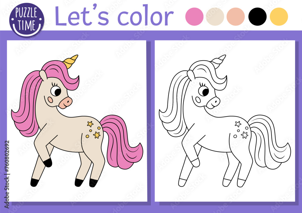 Coloring page for children with cute unicorn princess. Vector fairytale ...