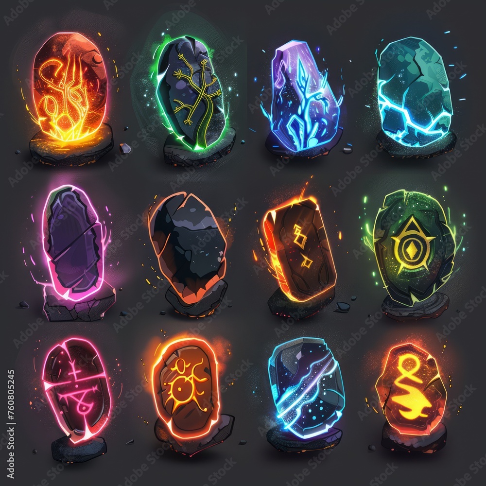 Set of stone runes, isolated. Druid runes for game with different magic ...