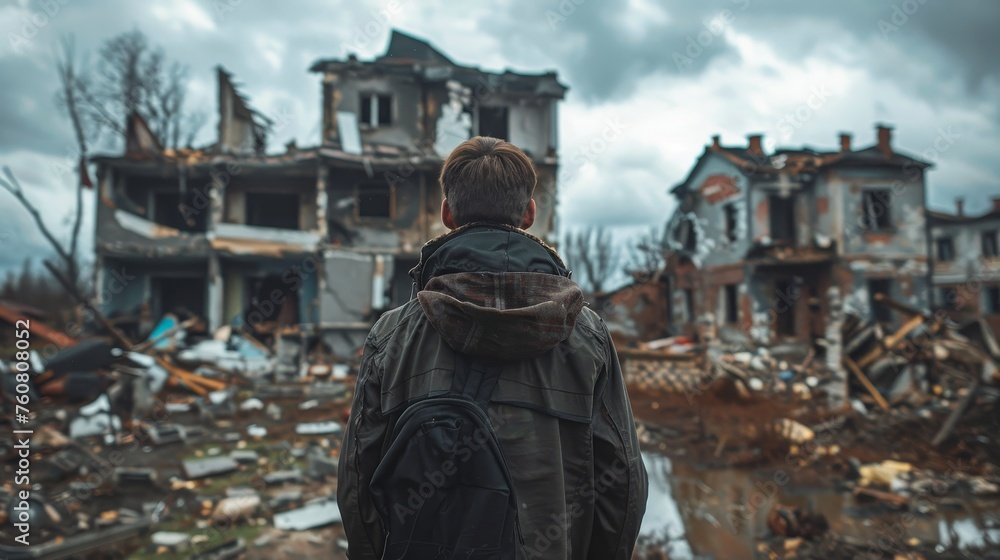 Man looking at his own house in total destruction after war, sad ...