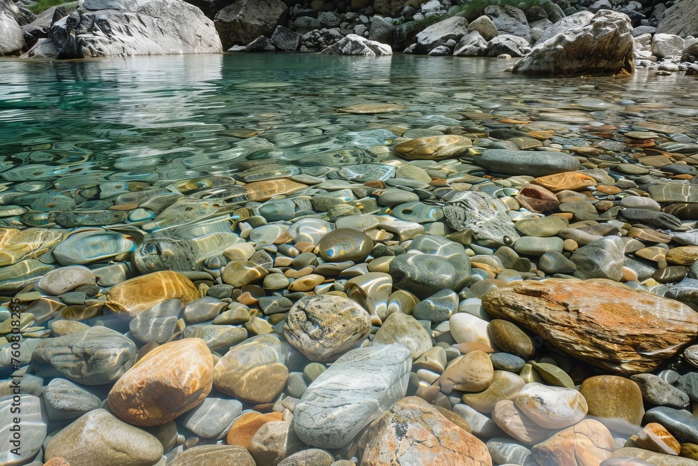 Crystal clear mountain stream with smooth pebbles Perfect for themes of ...