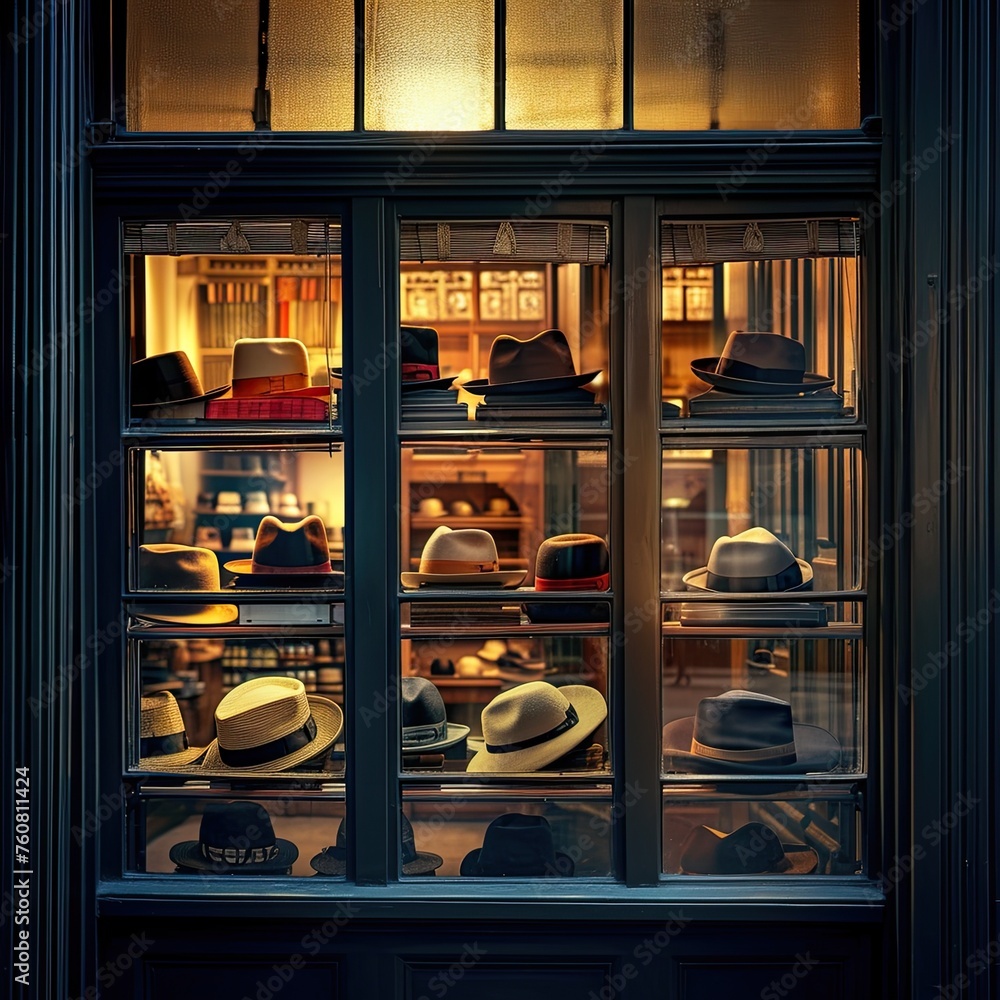 Vintage hat shop with an array of stylish hats displayed in a window ...