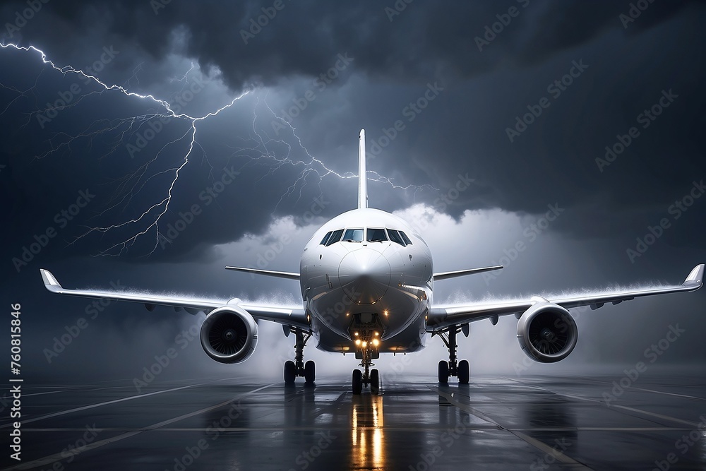 An airplane on a runway at an airport in overcast weather with black ...