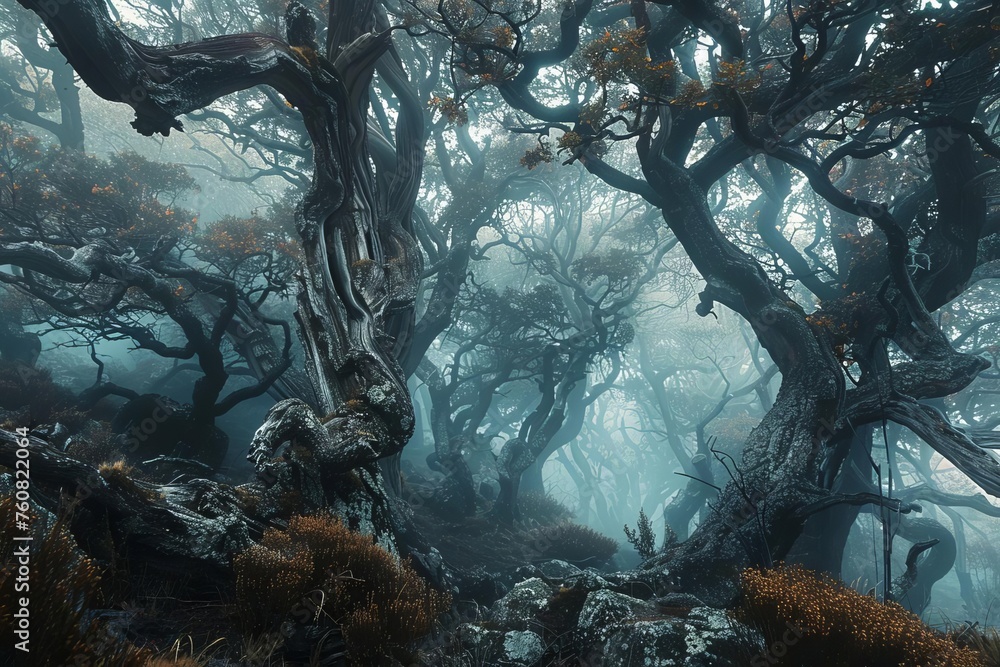 Ethereal forest scene with mist rolling through ancient trees Capturing ...