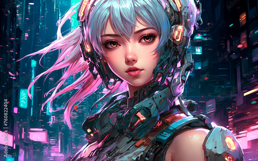 Stylized cyber girl, with cybernetic enhancements, pink and white hair ...