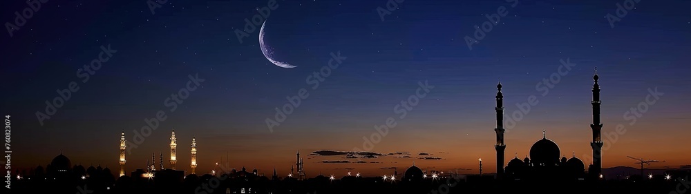 Ramadan background. Beautiful mosque silhouette background and night ...