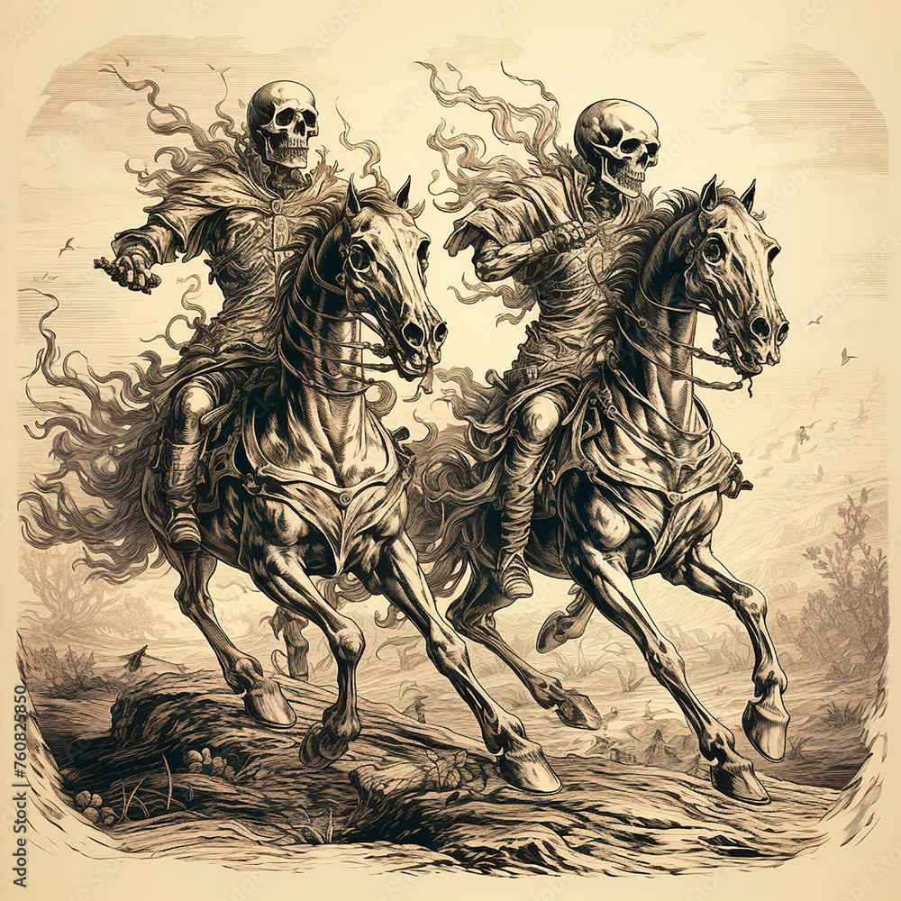 Skeletons knights clad in armor are riding on majestic horses. They ...