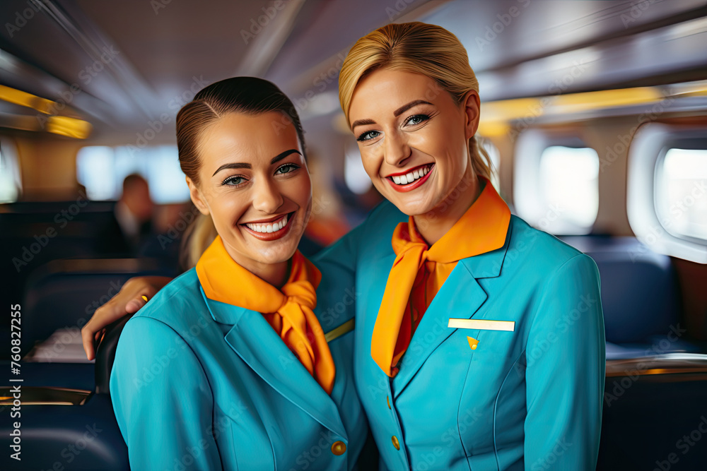 Smiling Stewards in Uniform Inside Aircraft, Flight Attendant, Airplane ...