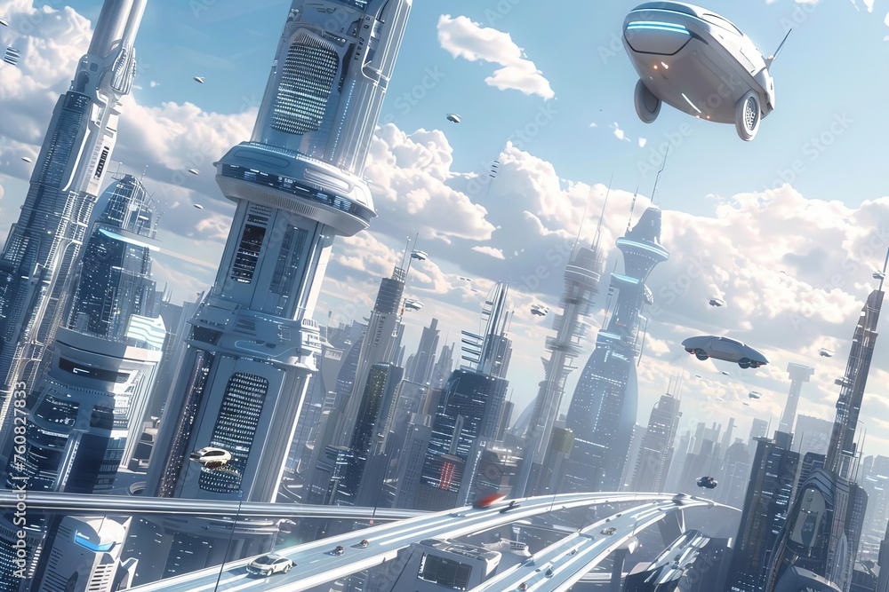 Futuristic cityscape with hovering cars and towering skyscrapers ...