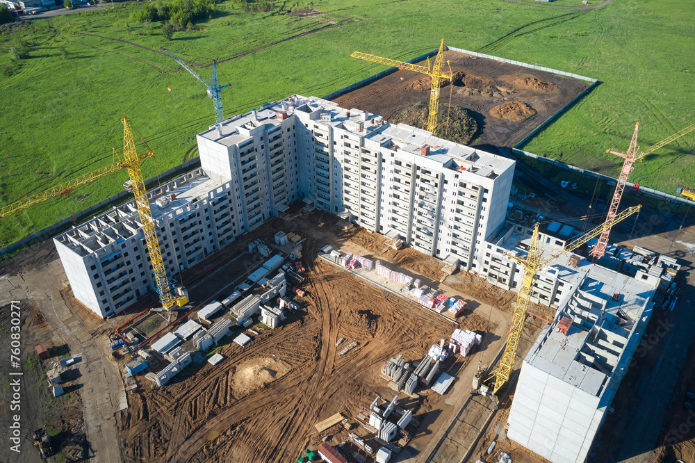 New building. Construction of a panelized high-rise building. Panoramic ...