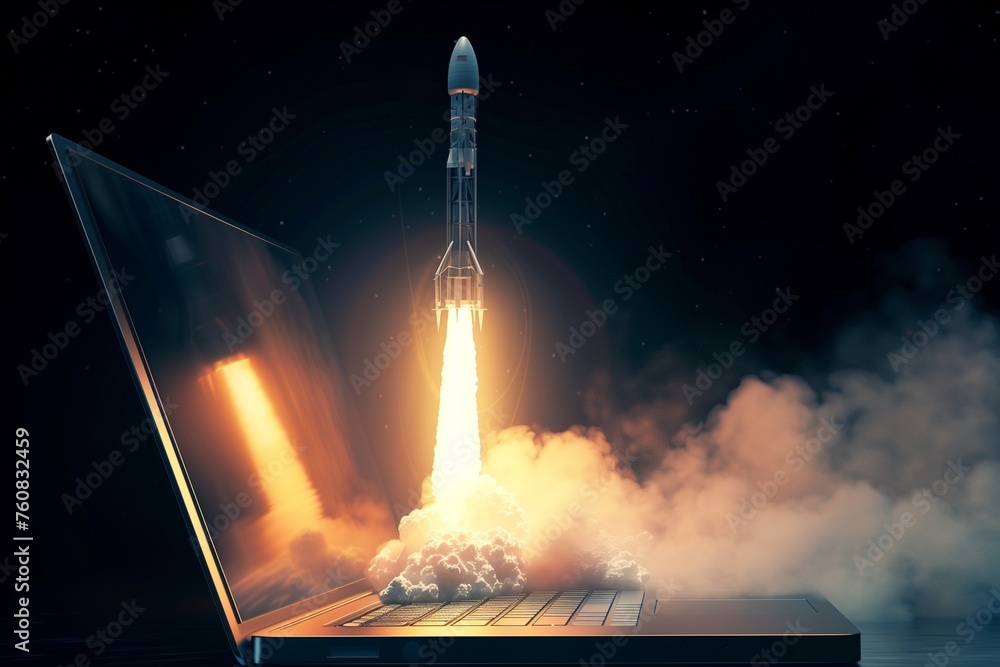 Realistic Illustration of a Space Rocket Launch from a Laptop. Dive ...