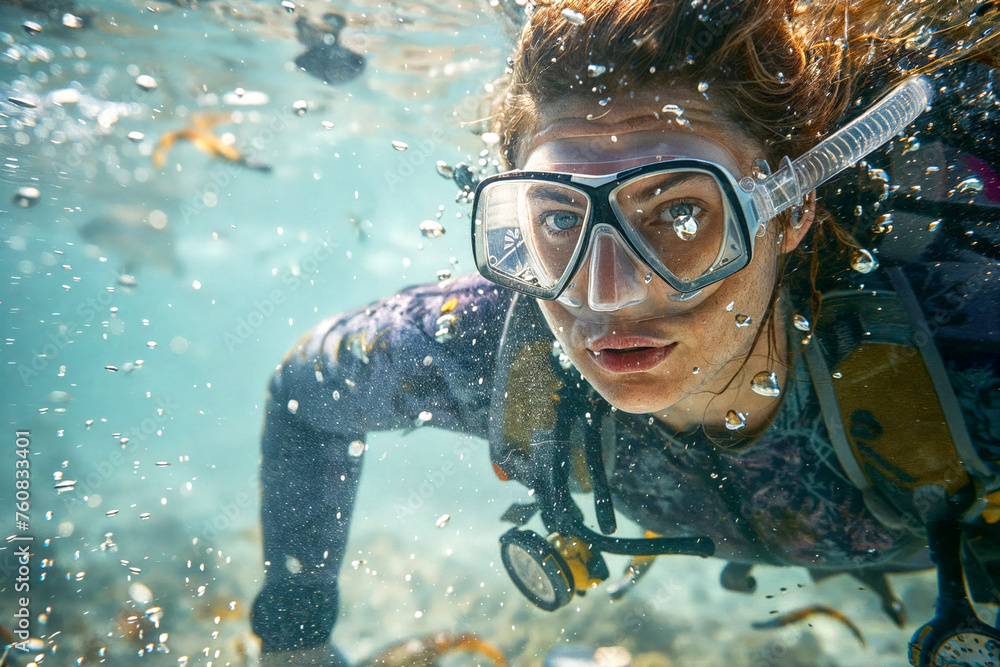 Portrait of a Woman in diving suit and wearing diving gear is swimming ...