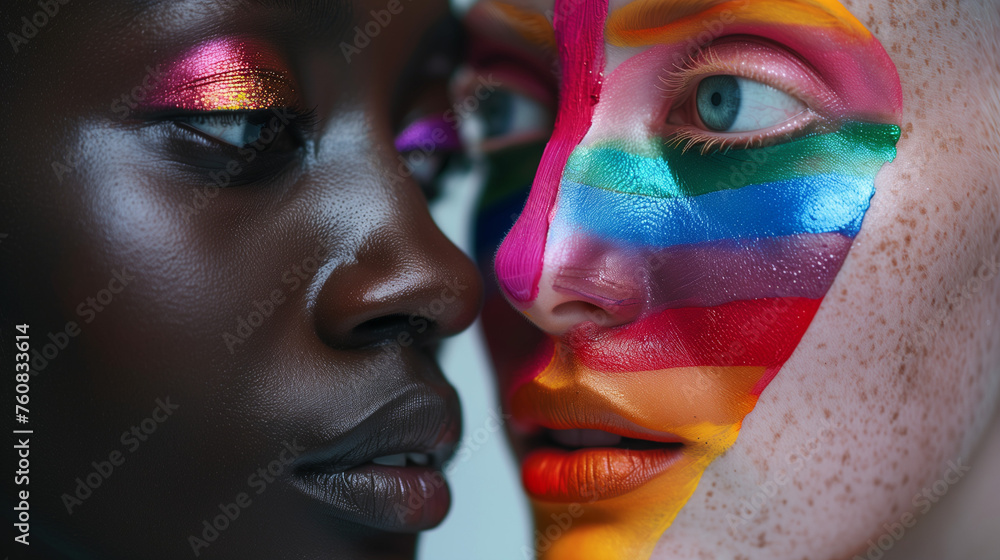 portrait of a white woman with painted face in rainbow colours to ...
