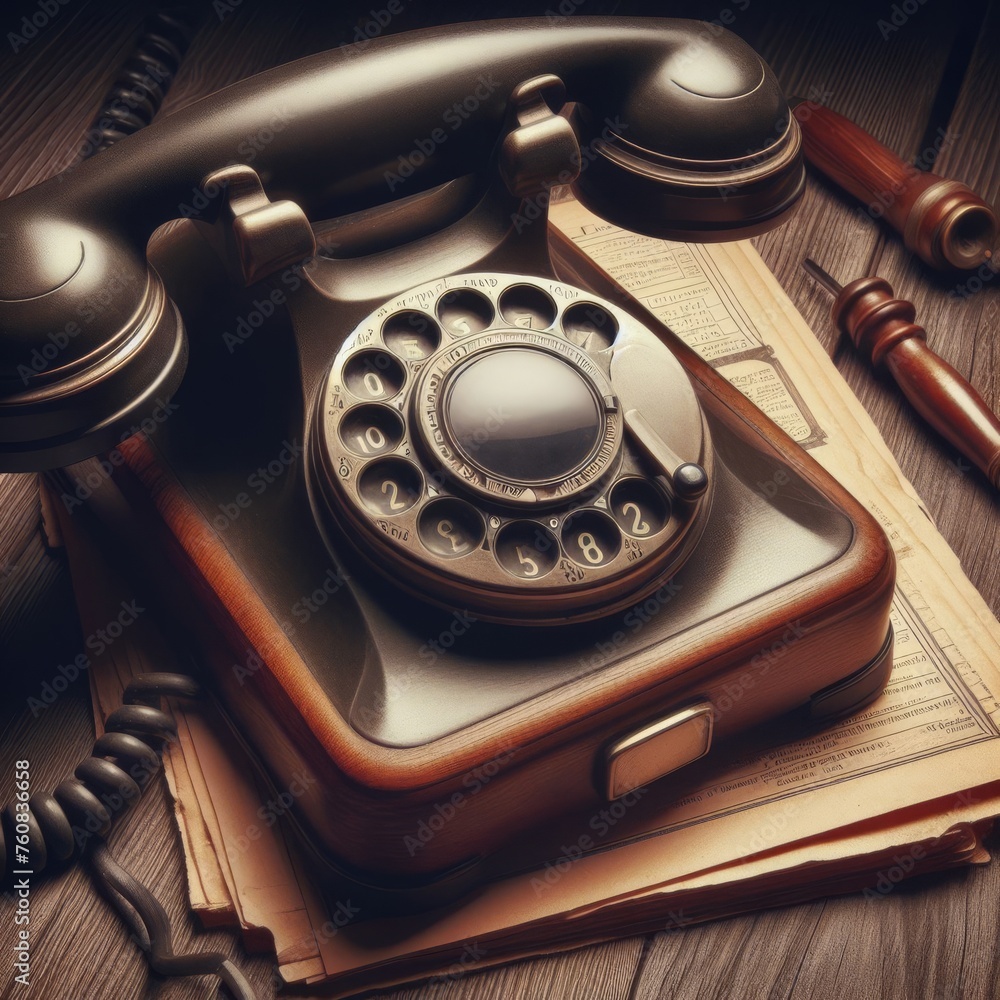 A classic rotary telephone sits atop old documents, evoking a sense of ...