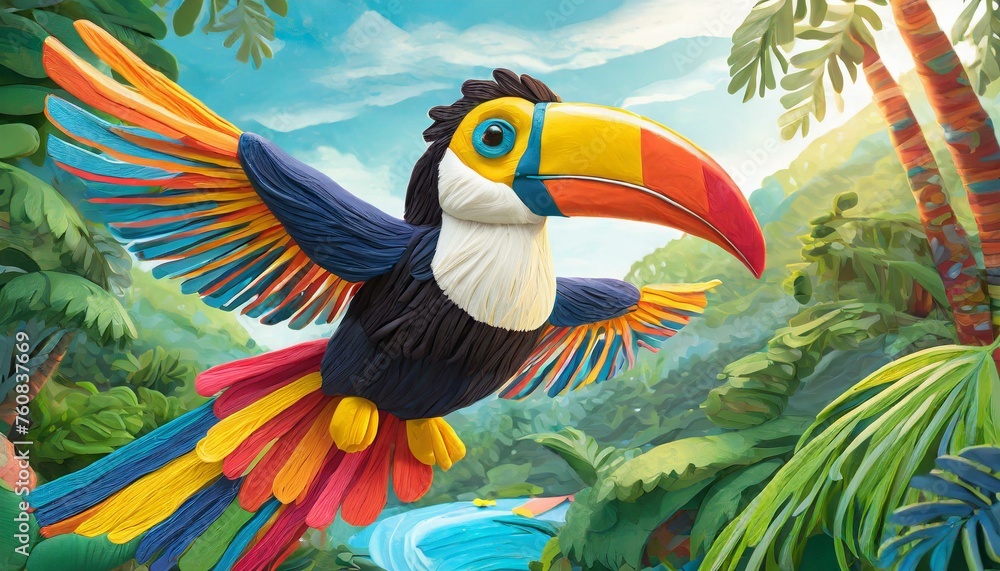 Un alegre y divertido tucán hecho con tiras de plastilina de colores ...