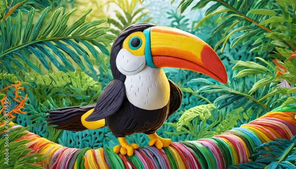 Un alegre y divertido tucán hecho con tiras de plastilina de colores ...