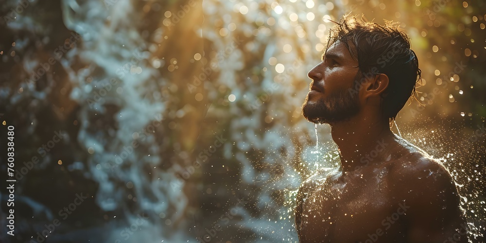 Refreshing post-workout rinse under a waterfall. Concept Nature ...