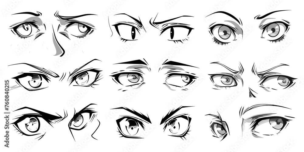 Anime style emotional sight. Comic eyes, angry, happy, surprise ...