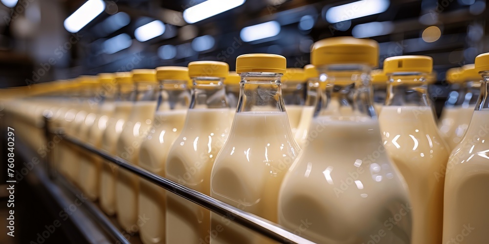 Bottles of milk neatly lined up on shelves in the production area of a ...