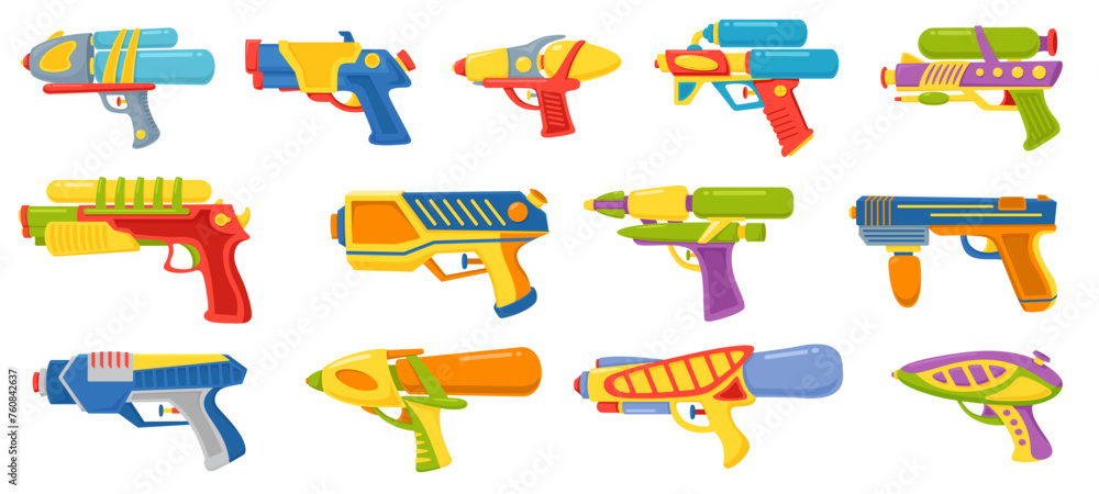 Colorful water weapon. Kids plastic toy guns. Futuristic design. Thai ...
