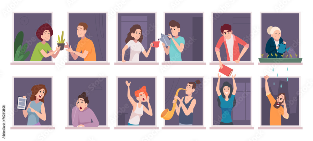 People in window. Neighbors help through window frames exact vector ...