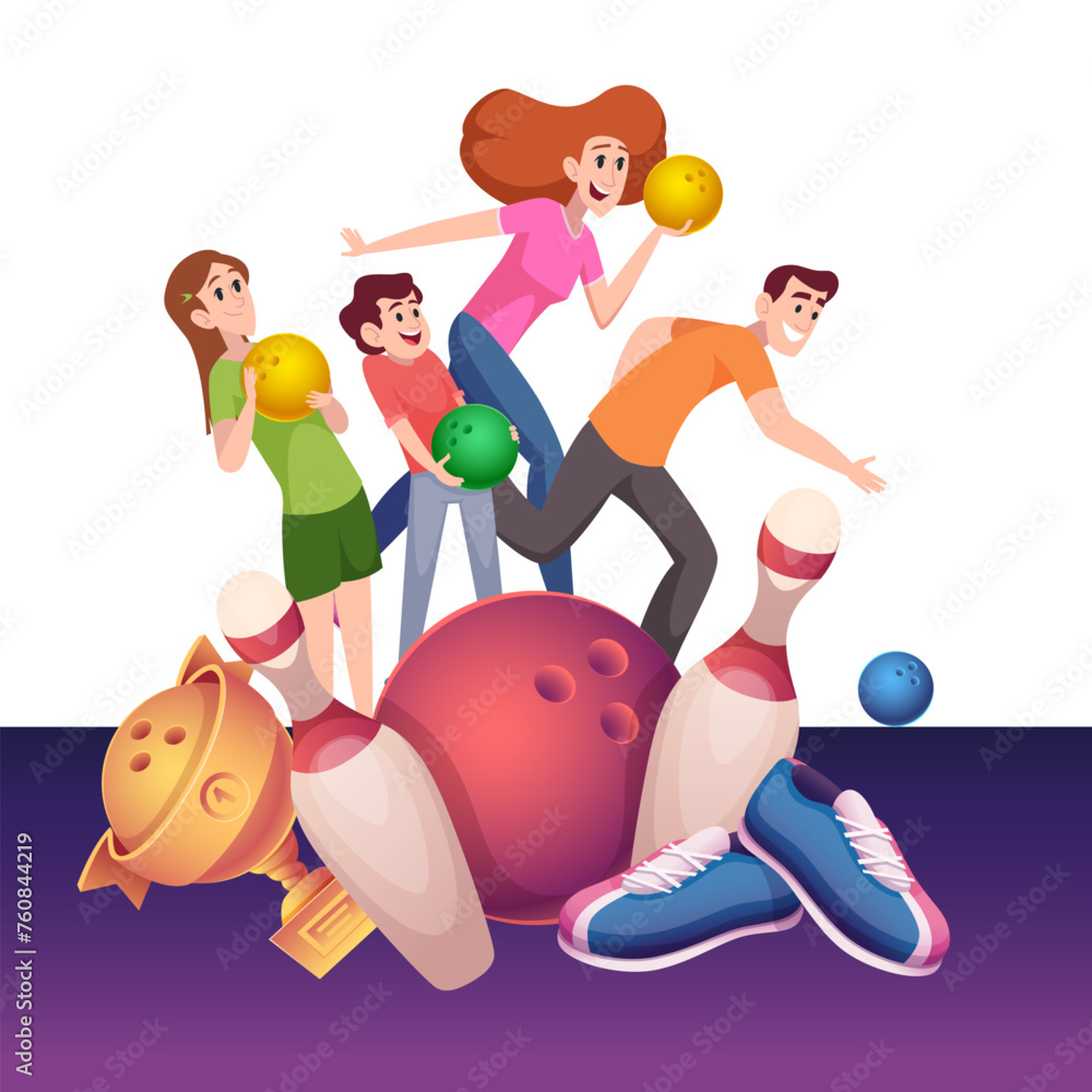 Bowling happy family playing in bowling center vector cartoon ...