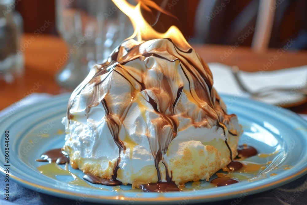 Decadent Baked Alaska chocolate. Sponge cake dessert traditional in ...