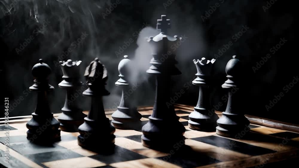 Black chess pieces are poised for a strategic game, with a hazy smoke ...
