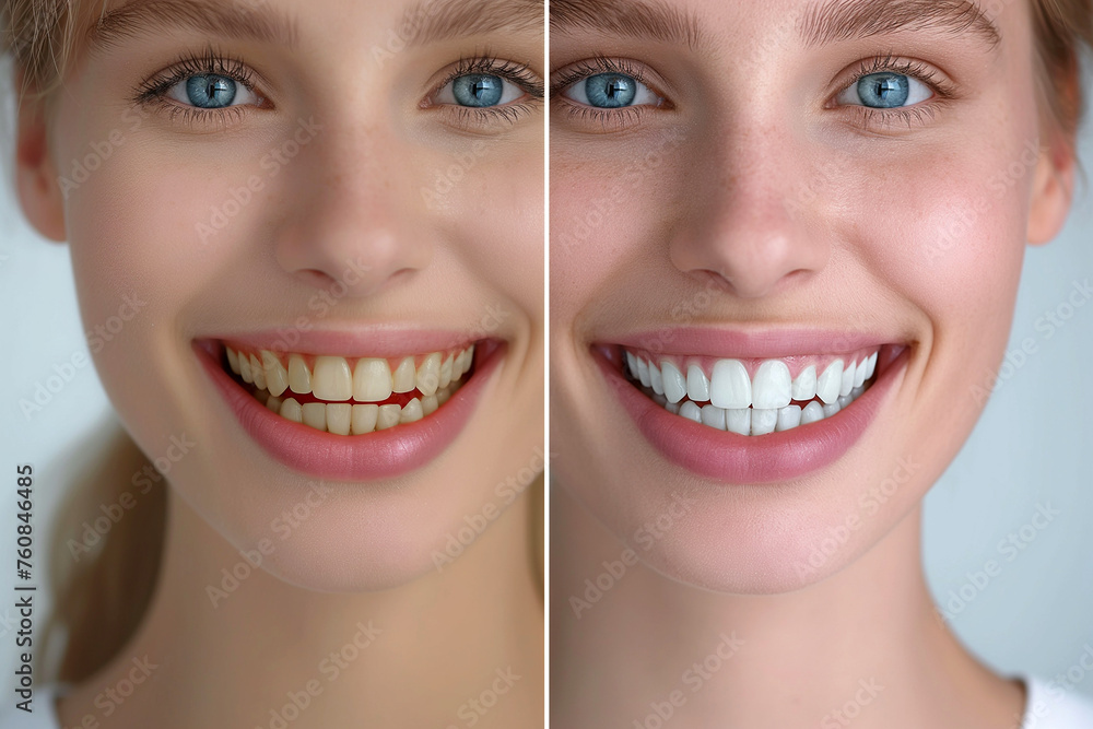 Professional teeth whitening and cleaning. Young smiling woman showing ...