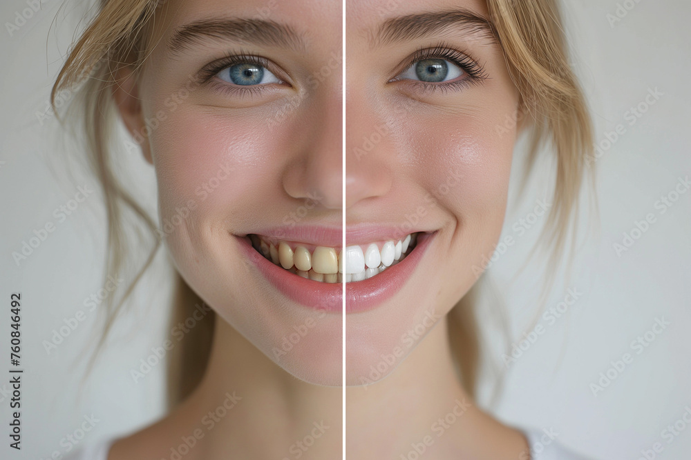 Professional teeth whitening and cleaning. Young smiling woman showing ...
