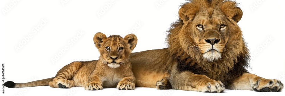 Male lion and cub portrait with space on left side, object on right ...