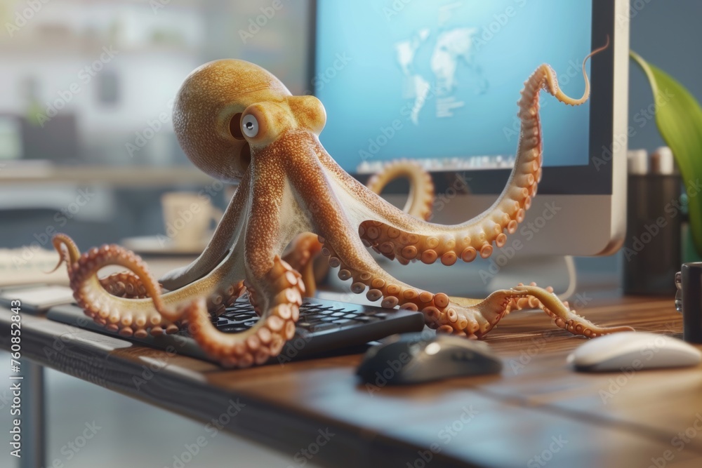 An imaginative octopus skillfully types on a computer keyboard with its ...
