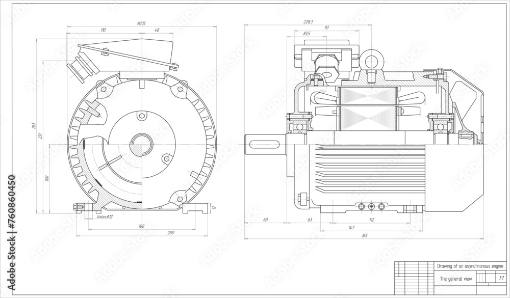 Vector engineering technical drawing of asynchronous motor. The design ...