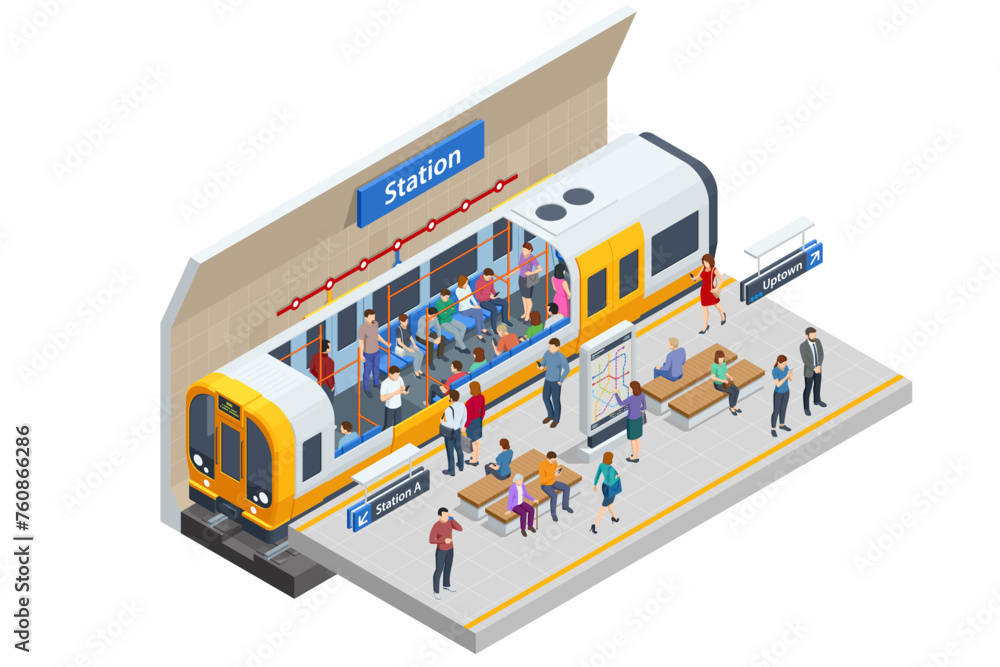 Isometric subway station platform. Included underground train, station ...