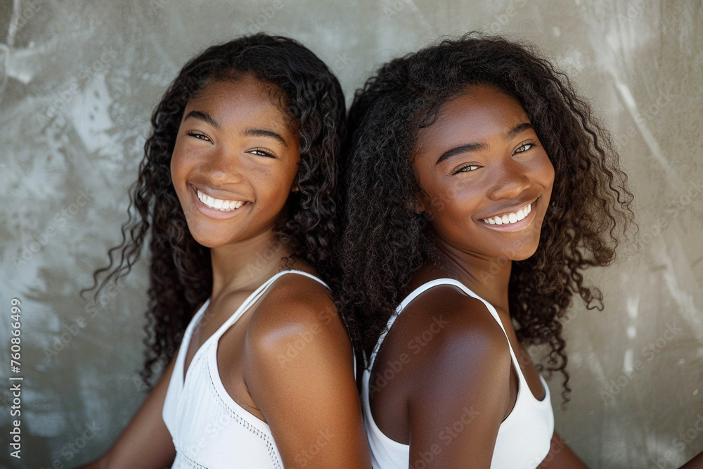 Two girls, black, African-American, identical twin sisters, one dark ...